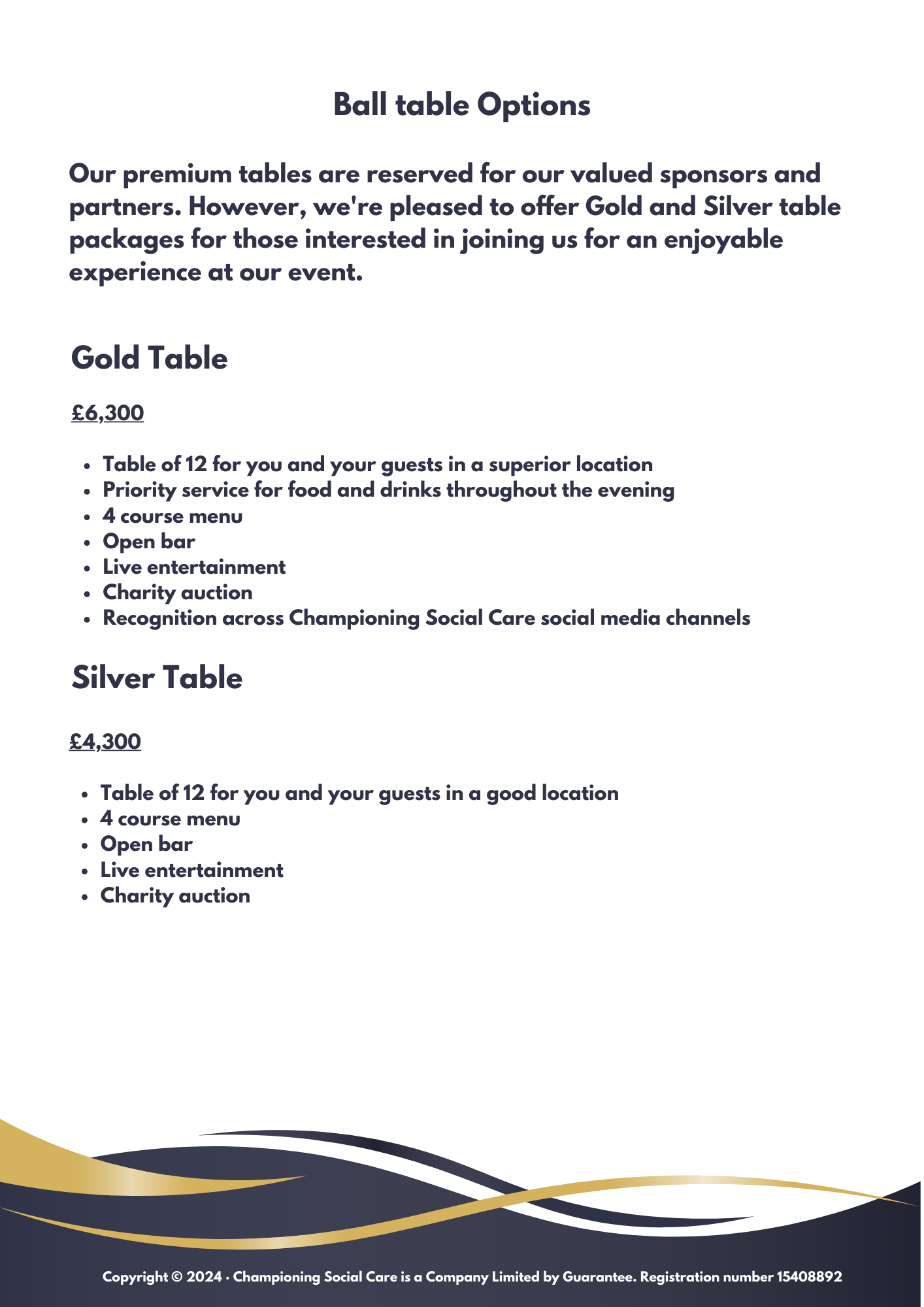 Care Sector Fundraising Ball 2024 Table Packages • Championing Social Care